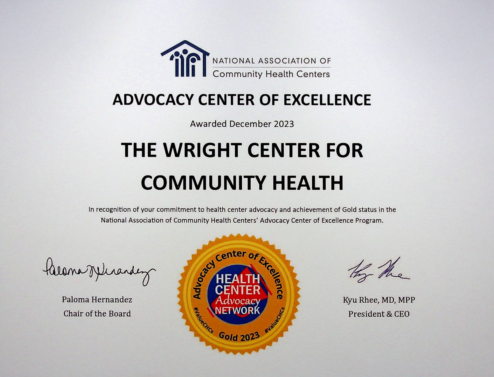 The Wright Center for Community Health achieves Gold status for Advocacy Center of Excellence ...
